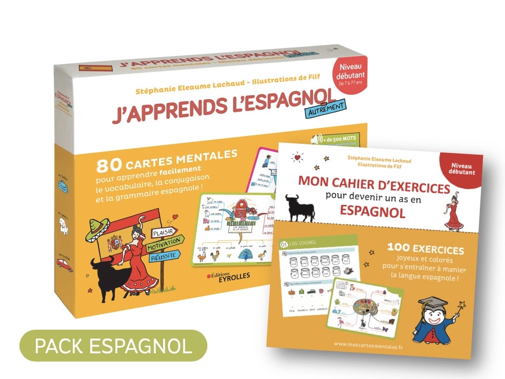 Coffret de cartes mentales J'apprends l'espagnol + son cahier d'exercices